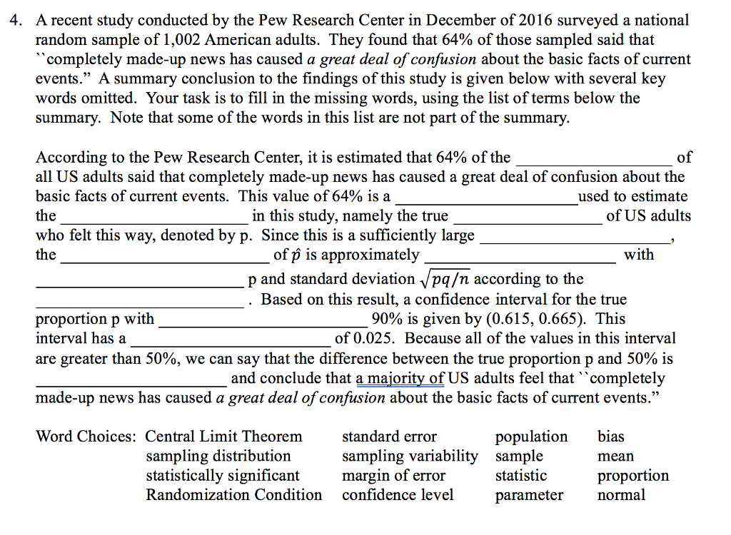 Solved A recent study conducted by the Pew Research Center | Chegg.com