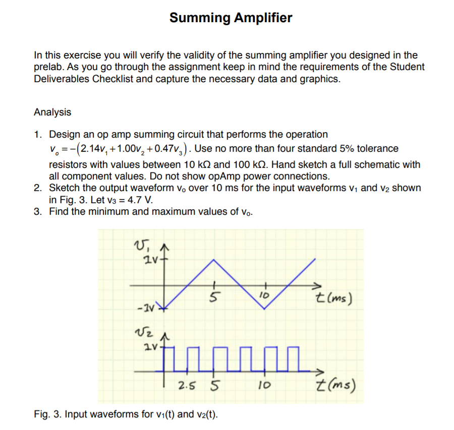 Solved Summing Amplifier In this exercise you will verify | Chegg.com