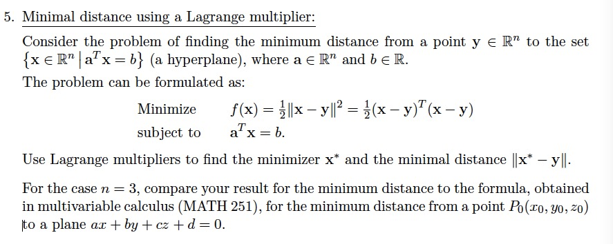 5. Minimal distance using a Lagrange multiplier: | Chegg.com