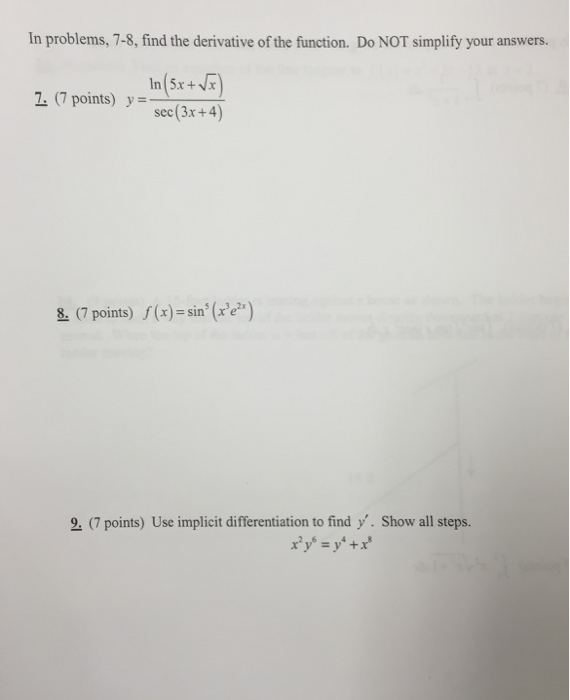 Solved Find the derivative of the function. Do NOT simplify | Chegg.com