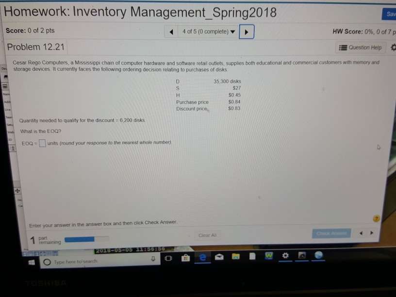 Solved Homework: Inventory Management_Spring2018 Score: 0 of | Chegg.com