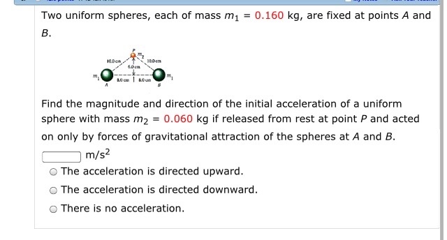 Solved Two uniform spheres, each of mass m_1 = 0.160 kg, are | Chegg.com