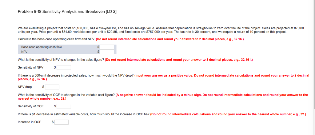 Solved Problem 9-18 Sensitivity Analysis and Breakeven [LO | Chegg.com