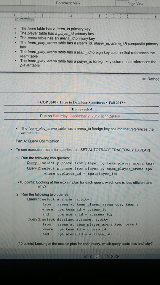 Solved Document View Page View The team table has a team_ id | Chegg.com