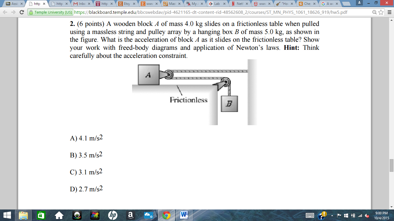 Solved A wooden block A of mass 4.0 kg slides on a | Chegg.com