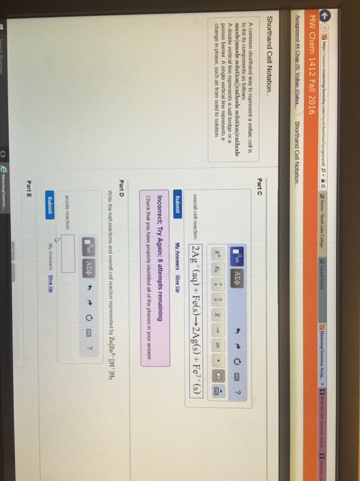 Solved MW Chem 1412 Fall 2016 Shorthand Cel Notation. Part A | Chegg.com