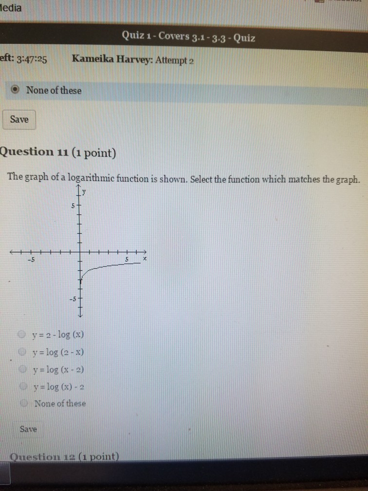 Solved The graph of a logarithmic function is shown. Select | Chegg.com