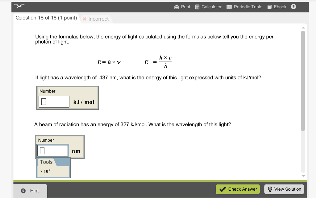 Solved Using the formulas below, the energy of light | Chegg.com