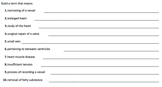 Solved Build a term that means: 1.narrowing of a vessel | Chegg.com
