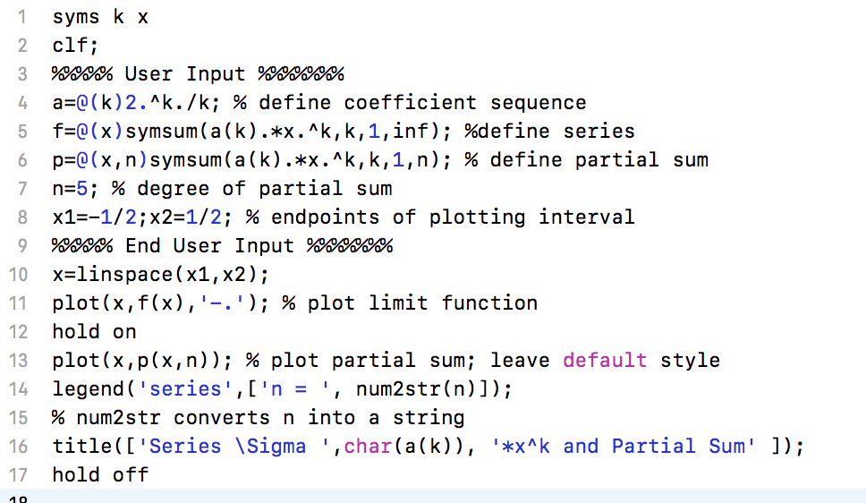 Solved syms k x clf; %99996 User Input %688%%96 a:0 ( k ) 2 | Chegg.com