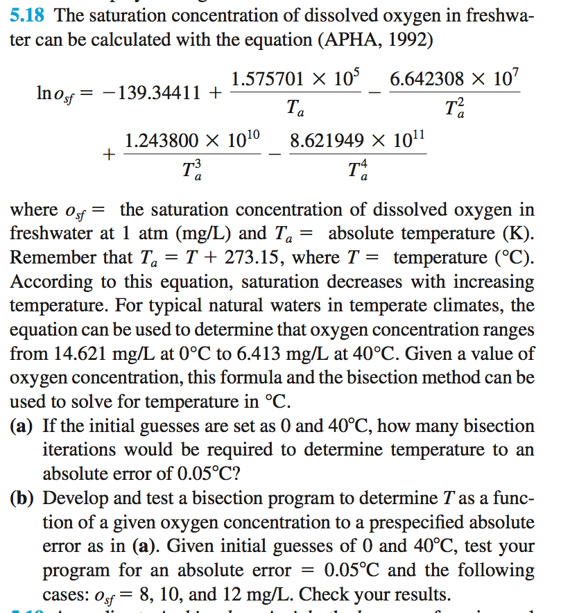 5.18 The saturation concentration of dissolved oxygen | Chegg.com