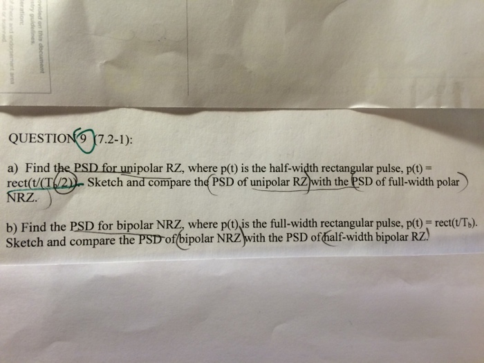 Solved Find the PSD for unipolar RZ, where p(t) is the | Chegg.com