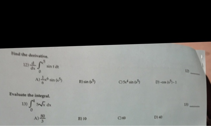 Solved Find the derivative. d/dx integral^5_0 sin t dt 1/6 | Chegg.com