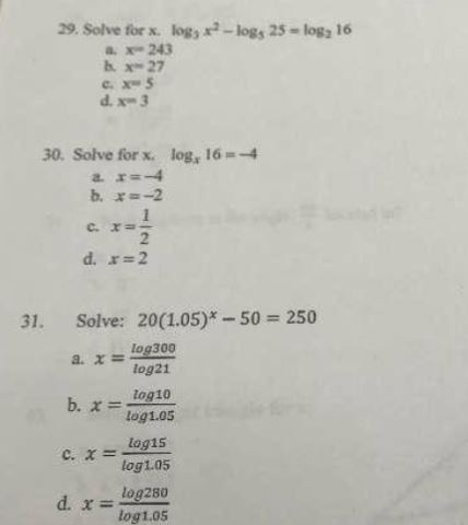 Solved 29. Solve for s. log a. x 243 h. x 27 -logs 25-log, | Chegg.com