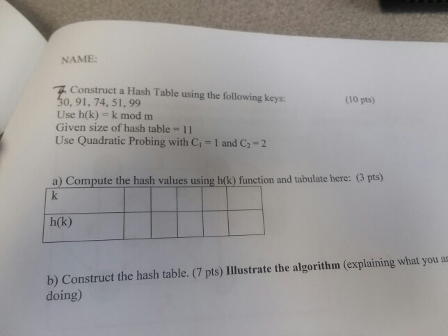 Solved NAME: Construct a Hash Table using the following | Chegg.com