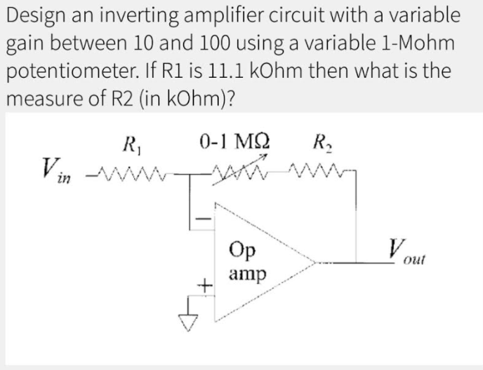Solved Design an inverting amplifier circuit with a variable | Chegg.com
