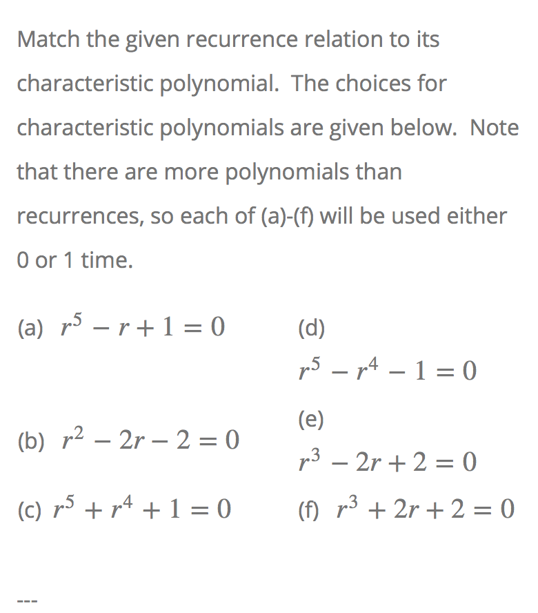 Solved Match the given recurrence relation to its | Chegg.com