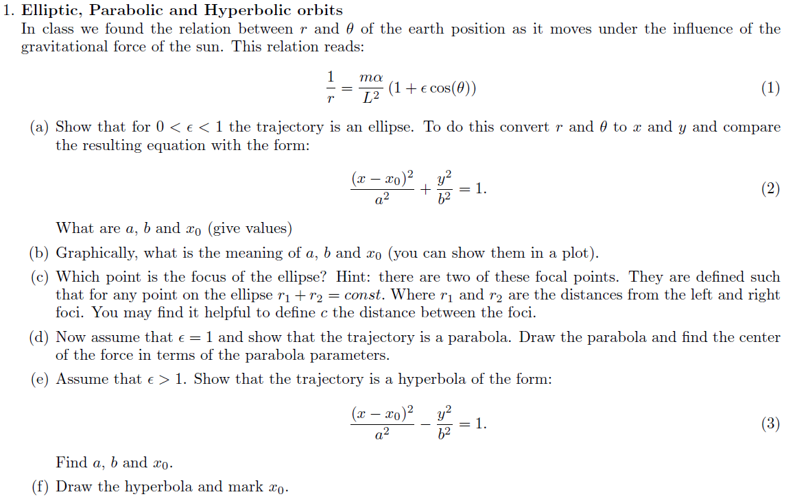 1. Elliptic, Parabolic and Hyperbolic orbits In class | Chegg.com