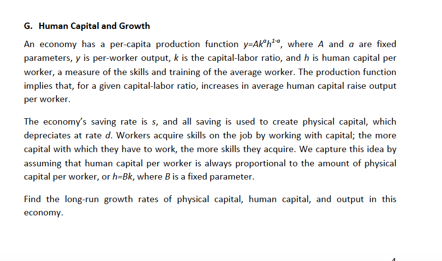 Solved Human Capital and Growth An economy has a per-capita | Chegg.com