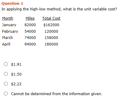 Solved Question 1 In applying the high-low method, what is | Chegg.com