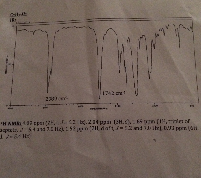 Solved C7H14O2 IR: 1H NMR: 4.09 ppm (2H, t, J = 6.2 Hz), | Chegg.com