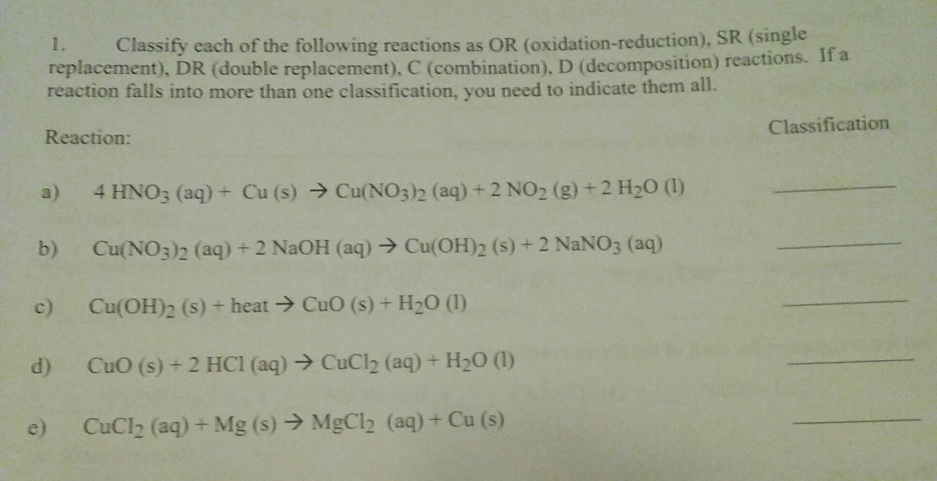 Solved 1. Classify each of the following reactions as OR | Chegg.com