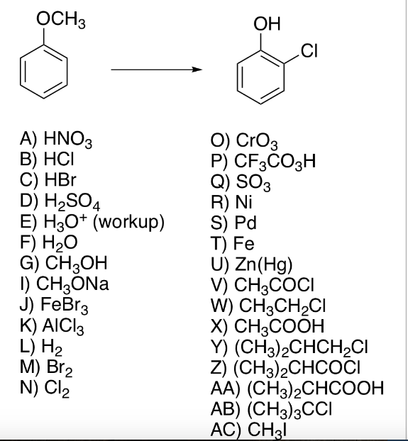 Solved OCH OH CI A) HNO3 O) Cro3 B) HCl P) CF3CO3H C) HBr Q) | Chegg.com