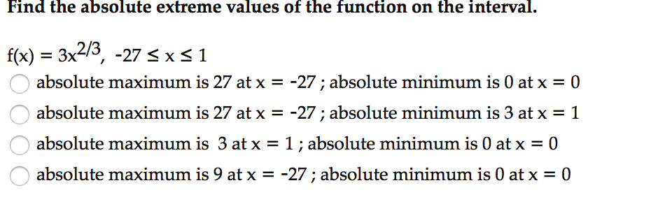 Solved Find the absolute extreme values of the function on | Chegg.com