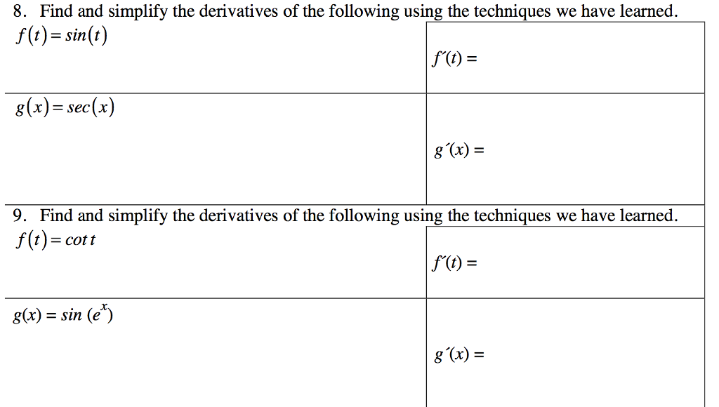 Solved Find and simplify the derivatives of the following | Chegg.com