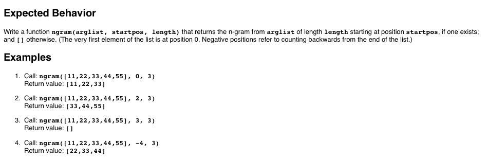 Solved Expected Behavior Write a function ngram (arglist, | Chegg.com