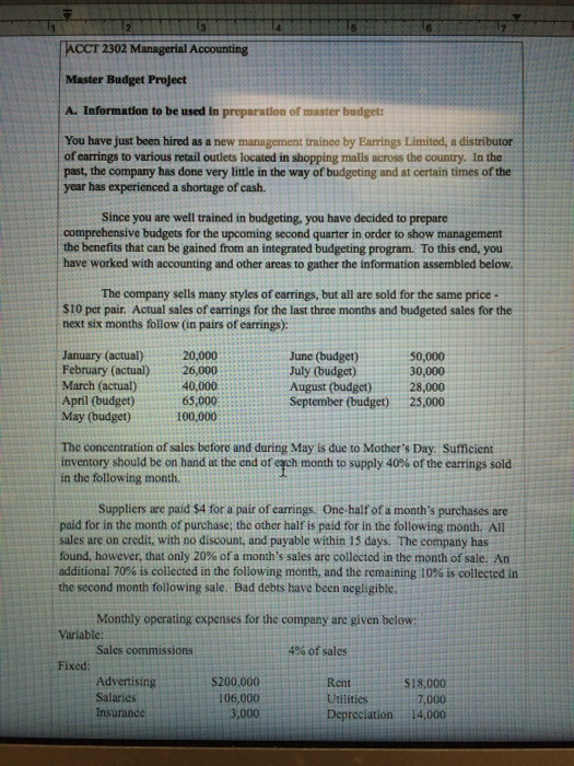 Solved ACCT 2302 Managerial Accounting Master Budget Project | Chegg.com