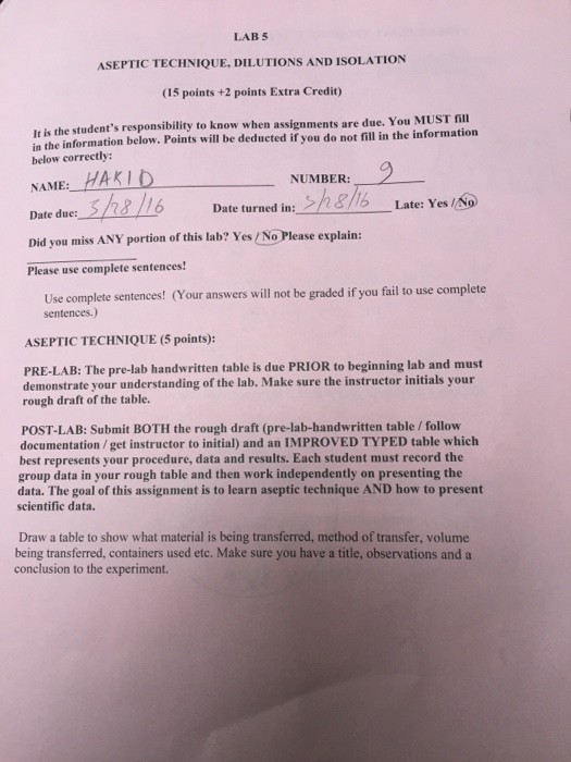 PRE-LAB: The pre-lab handwritten table is due PRIOR | Chegg.com