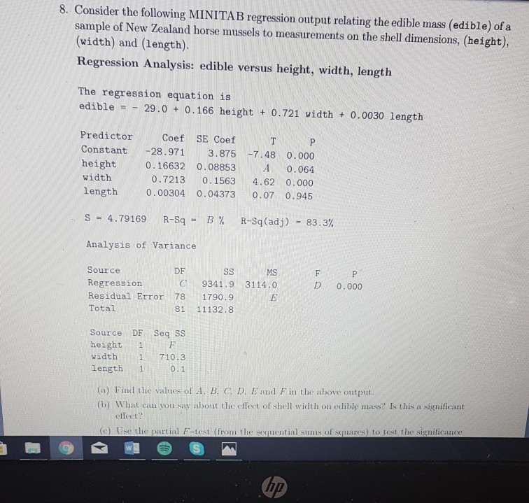 Solved 8. Consider the following MINITAB regression output | Chegg.com