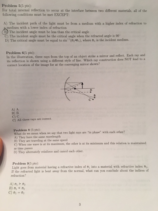 Solved For total internal reflection to occur at the | Chegg.com