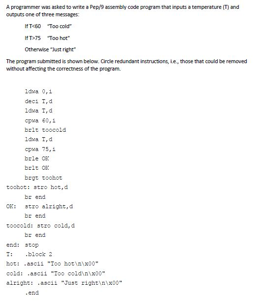 Solved A Programmer Was Asked To Write A Pep 9 Assembly Code