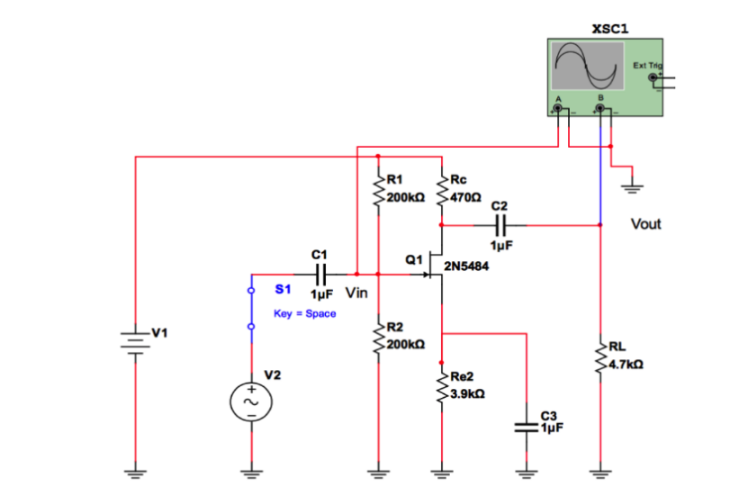 Solved XSC1 Ext R1 200kΩ > 470Ω Rc C2 Vout C1 Q1 2N5484 S1 | Chegg.com