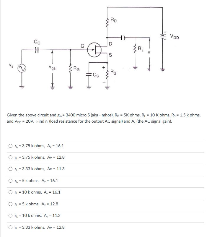 Solved Given the above circuit and g_m = 3400 micro S (aka - | Chegg.com