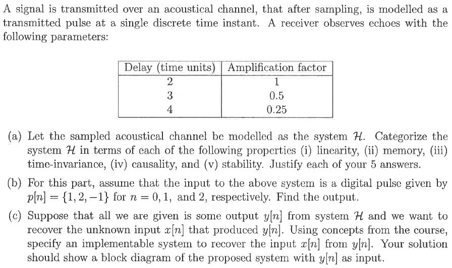 A signal is transmitted over an acoustical channel, | Chegg.com