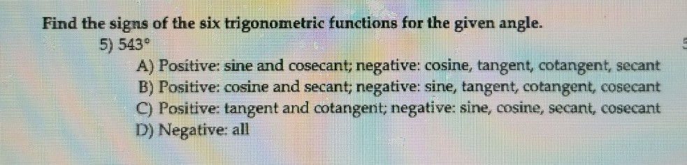 Solved Find the signs of the six trigonometric functions for | Chegg.com