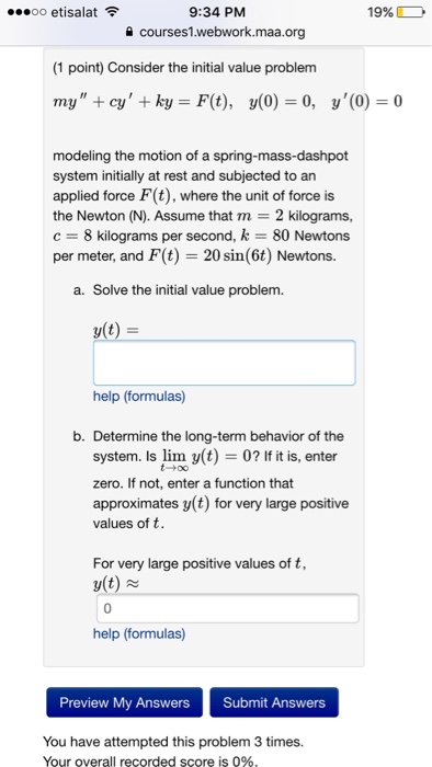 Solved Consider the initial value problem my^" + cy^'+ ky = | Chegg.com