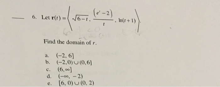 Solved Let r(t) = (Squareroot 6-t, (e^t - 2)/t, ln(t + 1)). | Chegg.com