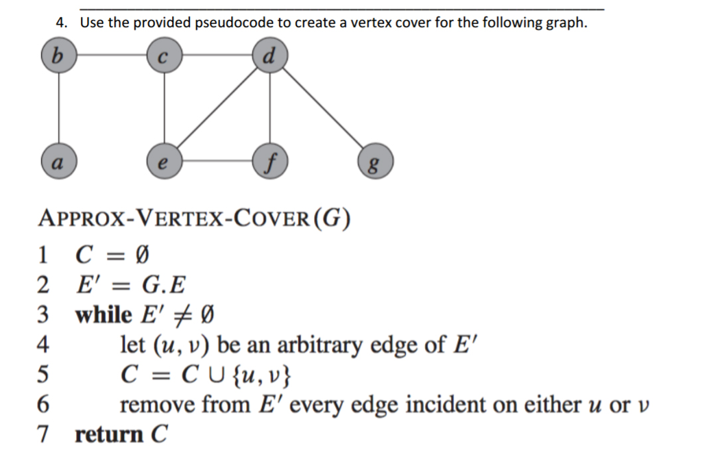 Solved Use the provided pseudocode to create a vertex cover | Chegg.com