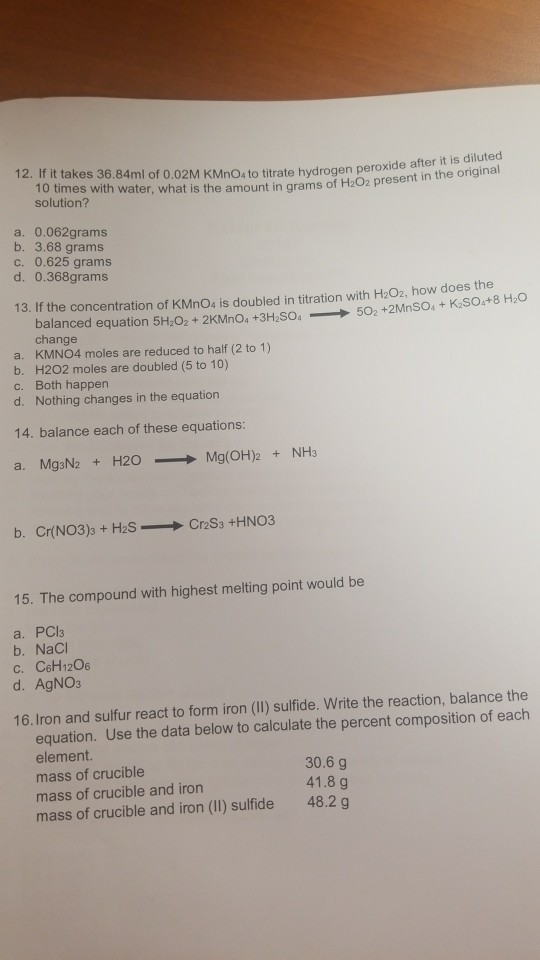 Solved 12. If it takes 36.84ml of 0.02M KMnOs to titrate | Chegg.com