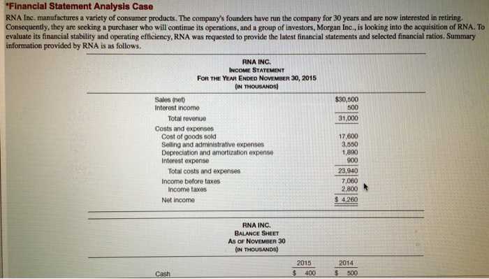 Solved Financial Statement Analysis Case RNA Inc. | Chegg.com