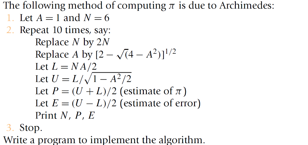 Solved The Following Method Of Computing π Is Due To
