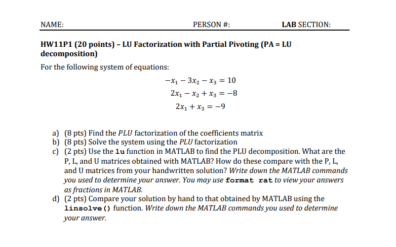 Solved NAME: PERSON #: LAB SECTION: HW11P1 (20 points) - LU | Chegg.com