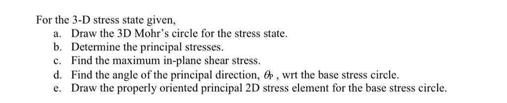 Solved For the 3-D stress state given, a. Draw the 3D Mohr's | Chegg.com