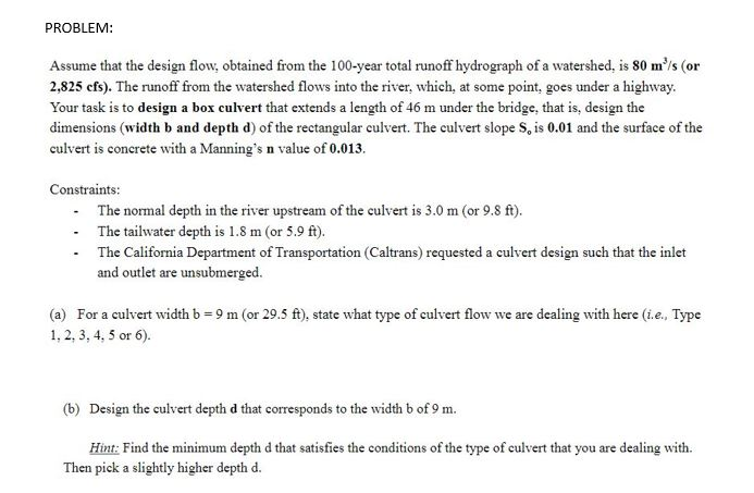 Solved Giving the 6 types of culvert flow type summaries | Chegg.com