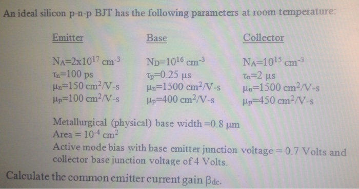 Solved An ideal silicon p-n-p BJT has the following | Chegg.com
