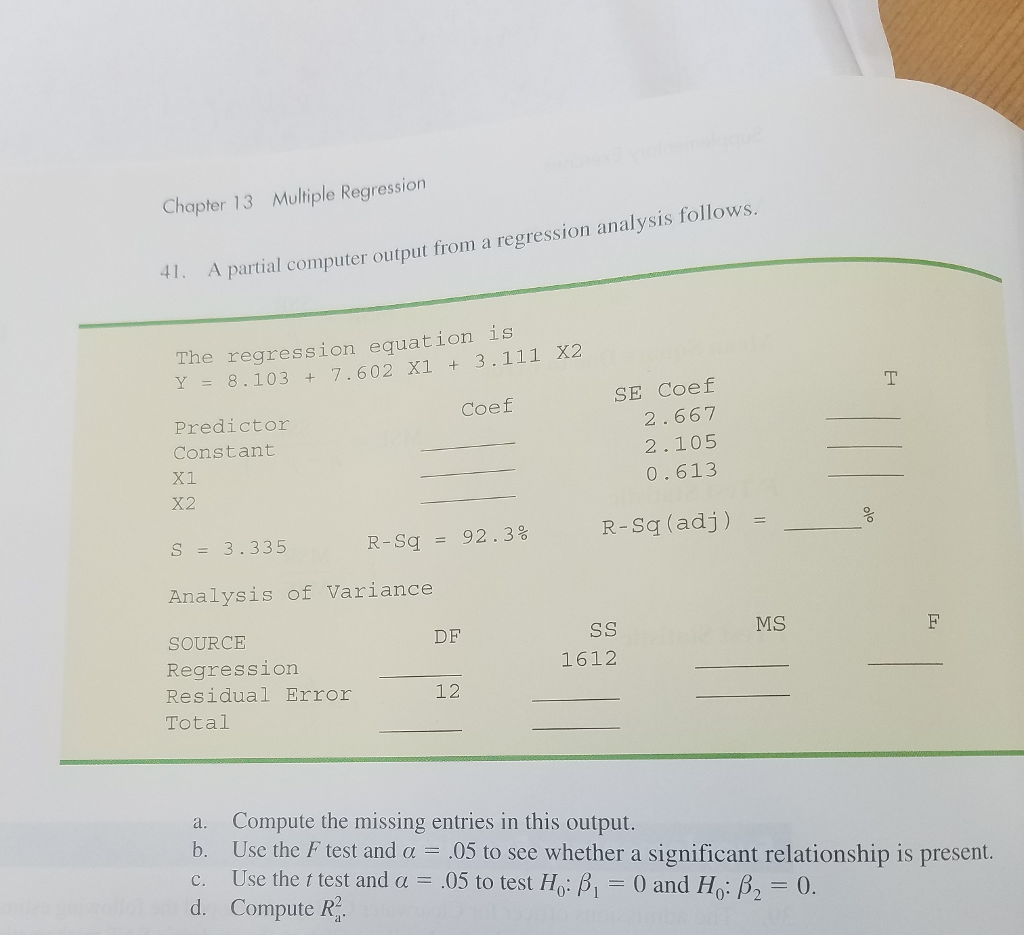 Solved Chapter 13 Multiple Regression t from a regression | Chegg.com